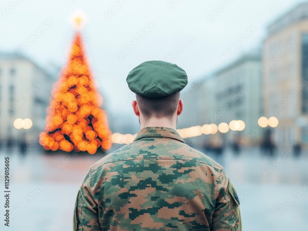 Young Soldier Reflecting by a Festive Christmas Tree in a City Square ...