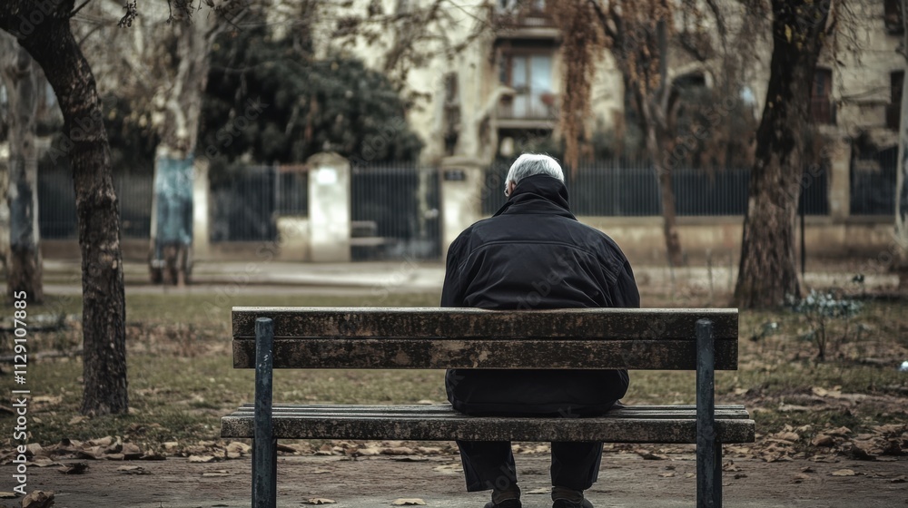 Poster A solitary elderly person sitting on a bench in a rundown park ...