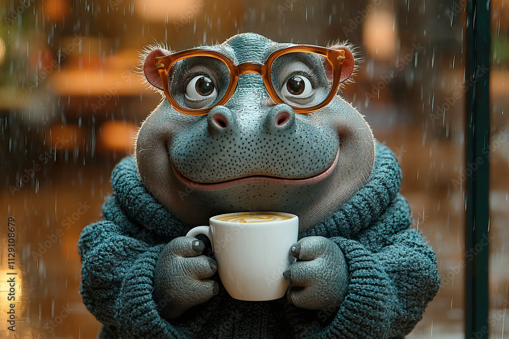 World Hippo Day, of portrait a cute hippo wearing glasses and holding a ...