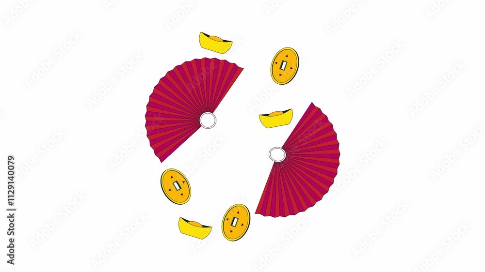 Chinese New Year symbols of prosperity 2D objects animation. Sycee ...