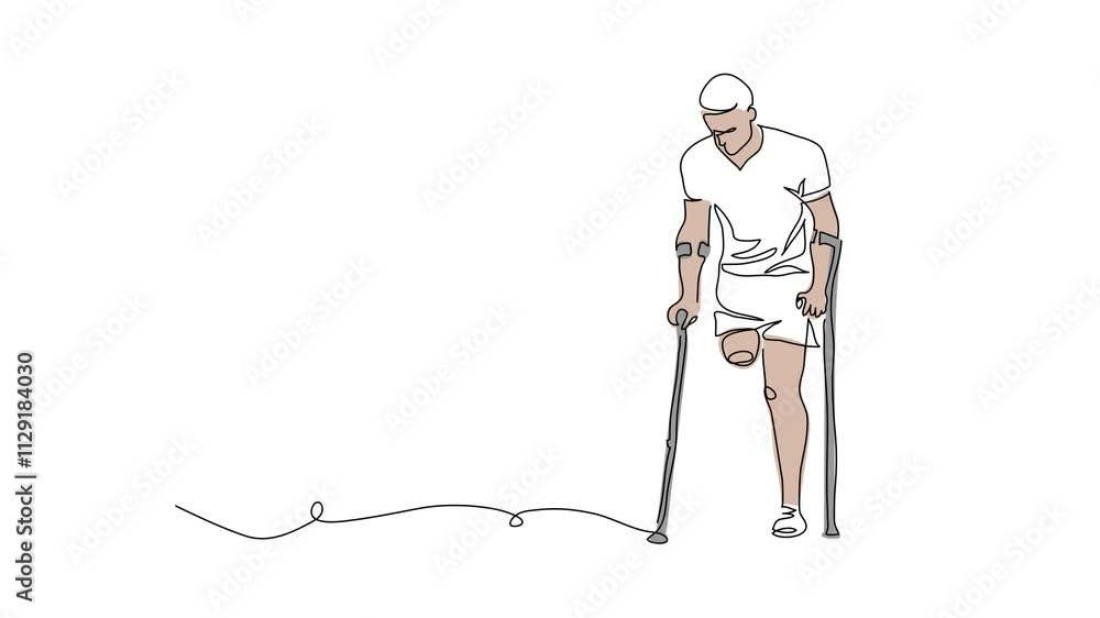 Disabled man with amputated leg footage. Limb use crutches for support ...