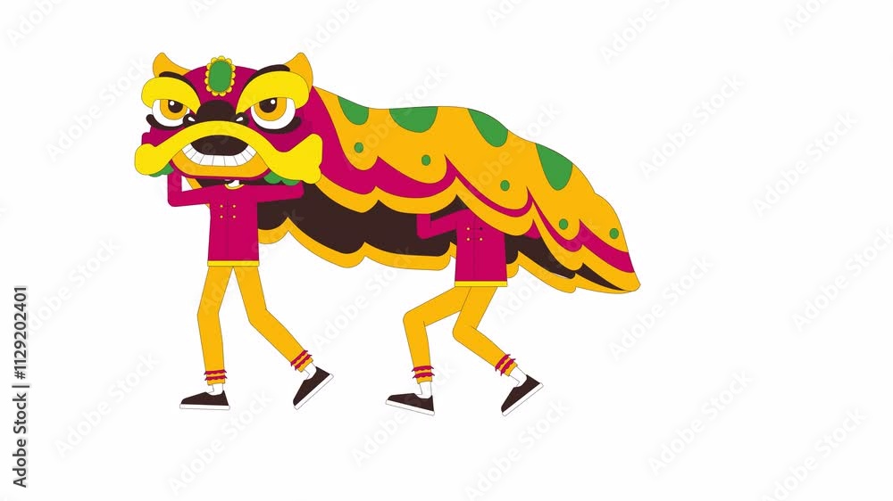 Lunar New Year lion dancers 2D characters animation. Cny show cartoon ...