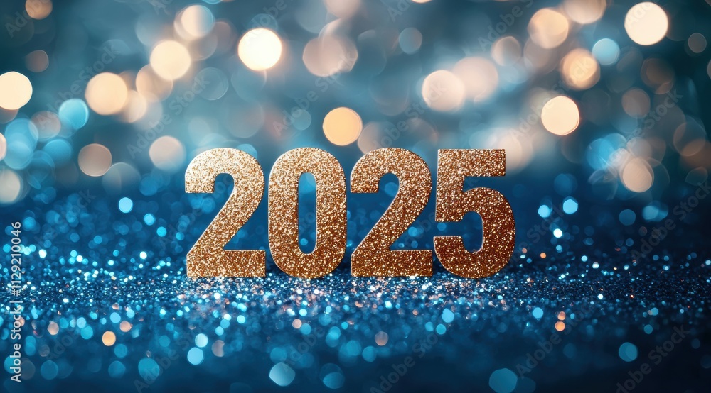 Golden glitter number 2025 standing on a sparkling blue surface with a ...