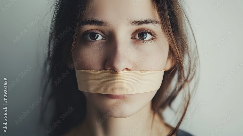 Woman with tape over her mouth expressing silence and restriction in a ...