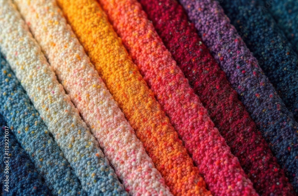 Stylized composition of chenille fabric swatches, neatly arranged in a ...