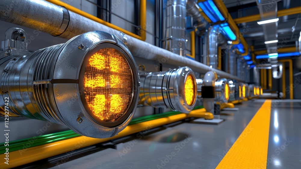 HVAC system concept. Close-up view of industrial pipes and lights ...