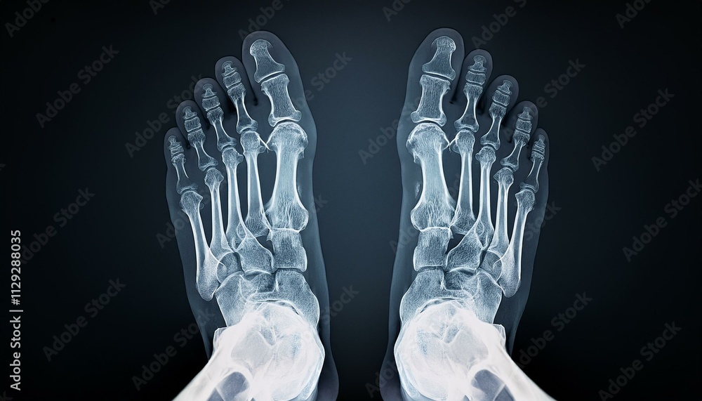 An x-ray scan of the human foot; a medical illustration or x-ray scan ...