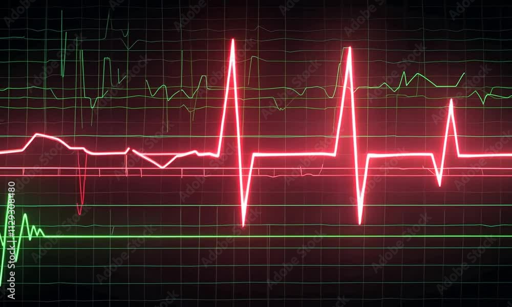 ECG, EKG, heart rate monitor display showing red and green lines on a ...