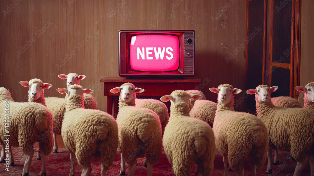 Group of sheep watching a news broadcast on a vintage television in a ...