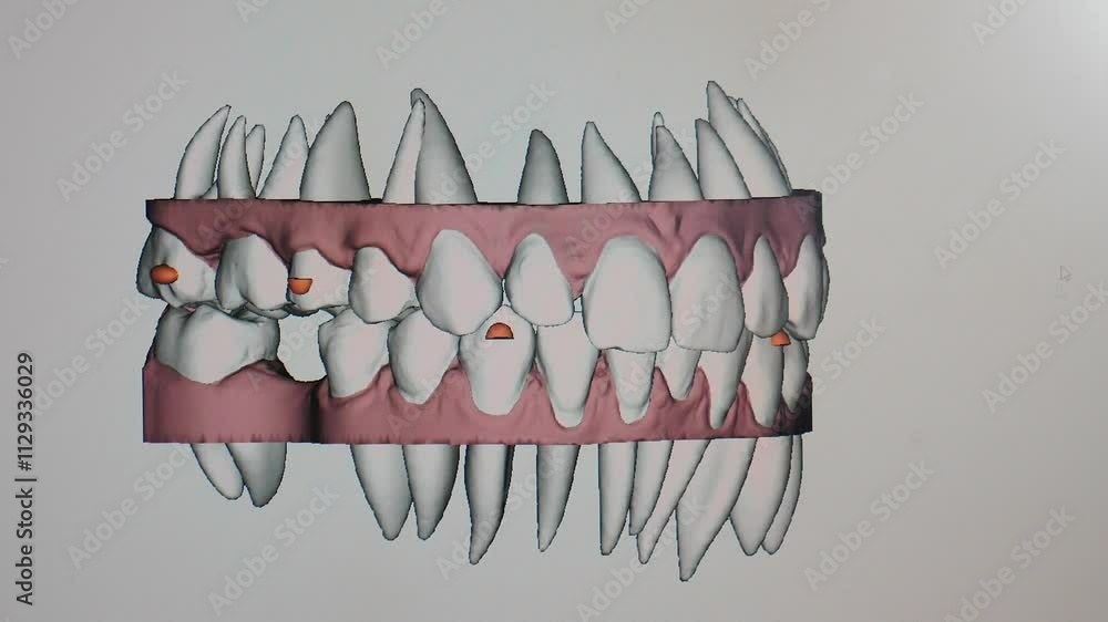 Digital animation presents a 3d model of a human jaw in orthodontic ...