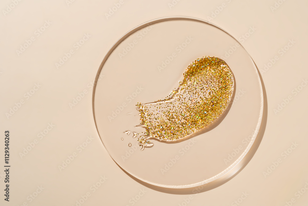 Liquid gel gold. transparent gel liquid with golden glitter In a Petri ...
