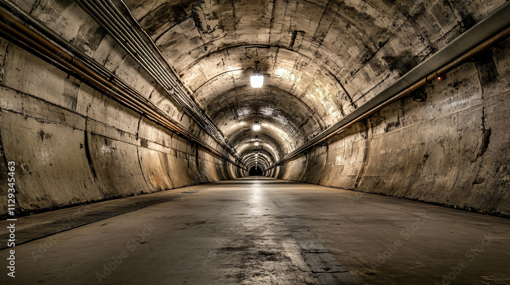 Fotografía A massive underground bunker with concrete walls, dim lights ...