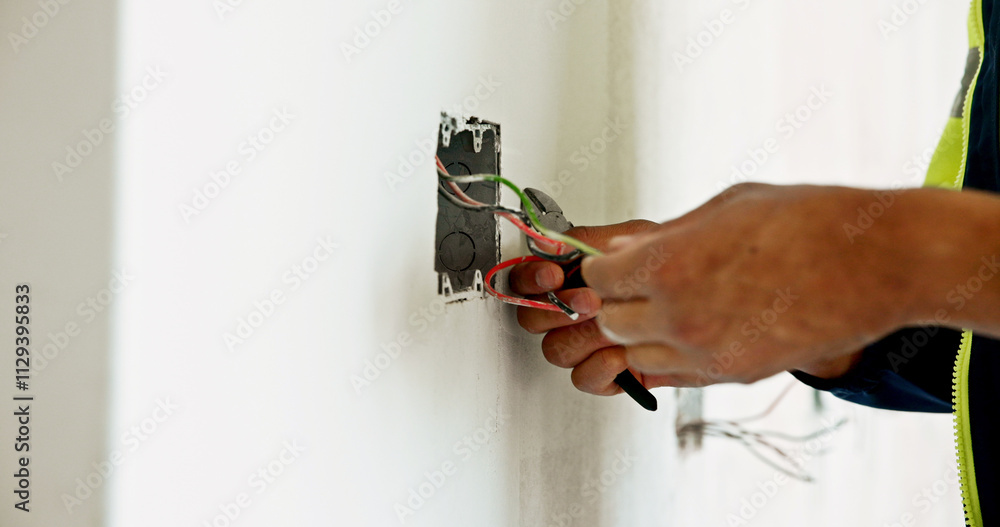 Man, hands and wires on construction site for renovation, connection or ...
