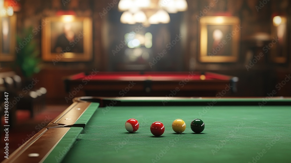 Snooker table featuring colored balls in a classic bar setting with ...