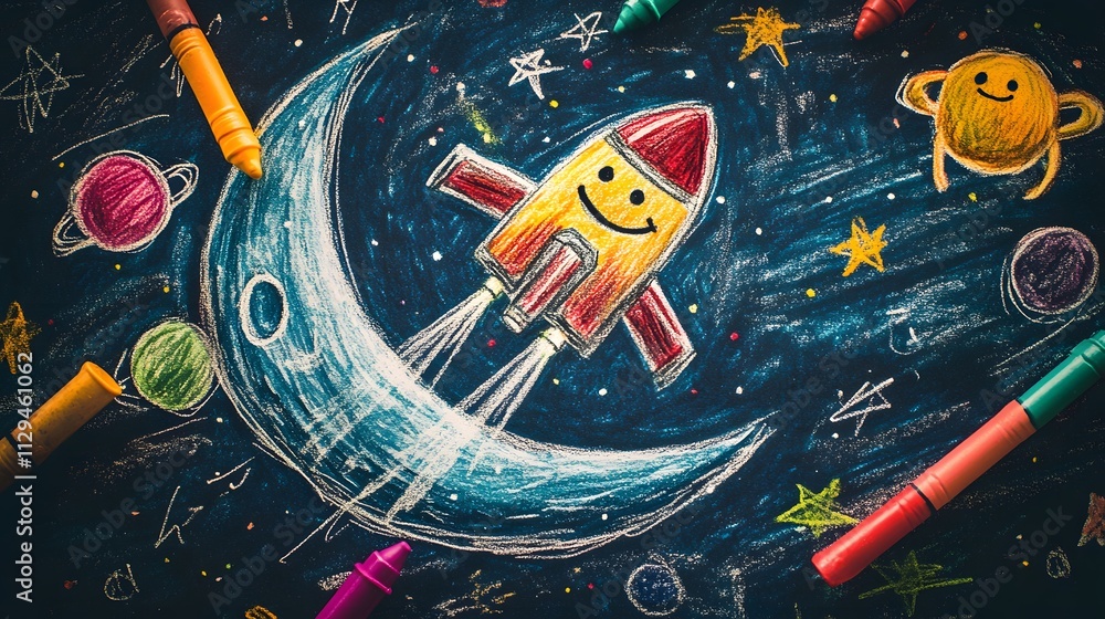 A playful kids drawing of a spaceship landing on a moon with craters ...