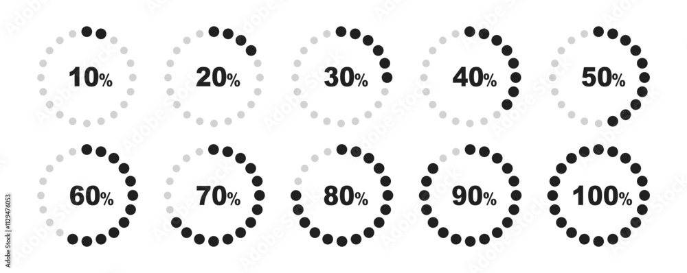 Loading icon set. Buffer loader or preloader. From 10 to 100 percent ...