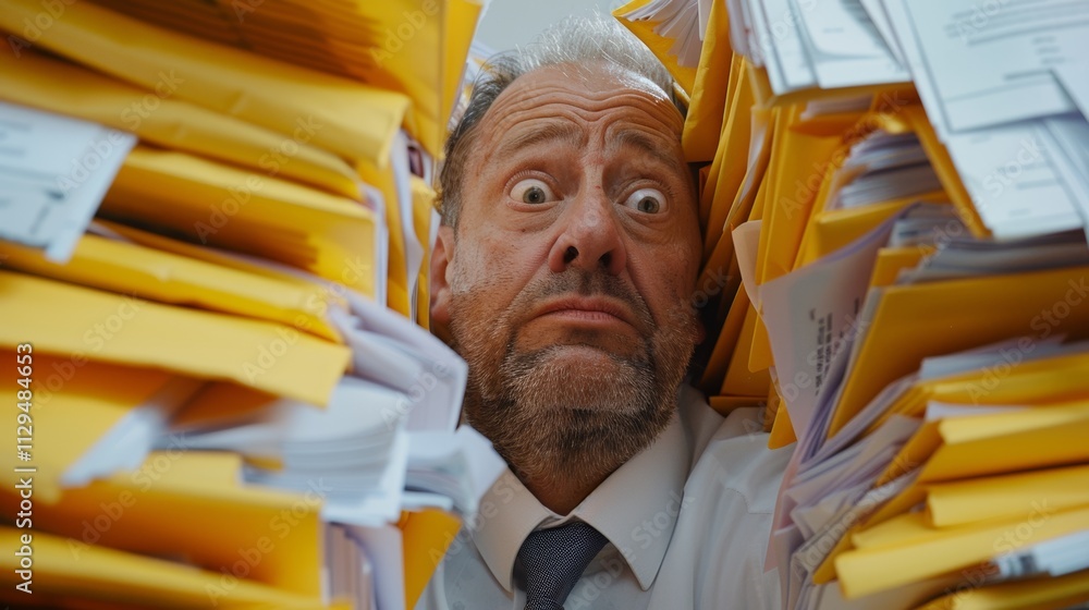 Stressed and overwhelmed Office worker buried under a massive pile Of ...