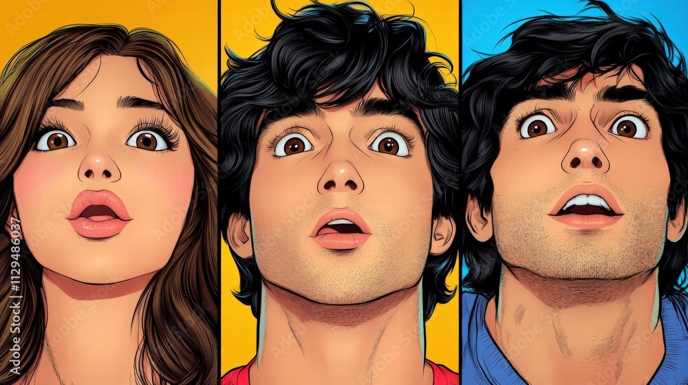 Three illustrations of surprised faces in bright comic style, capturing ...