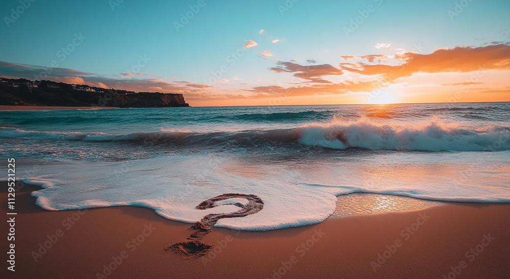 Question mark drawn in the sand as waves gently crash during a vibrant ...