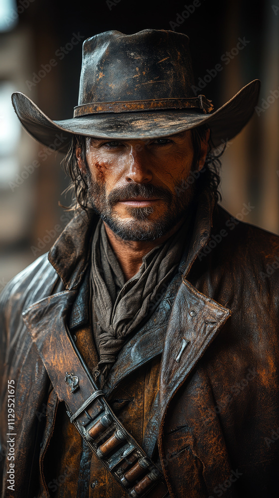 Outlaw Cowboy in Wild West Desert, Gunslinger with Rugged Look, Leather ...
