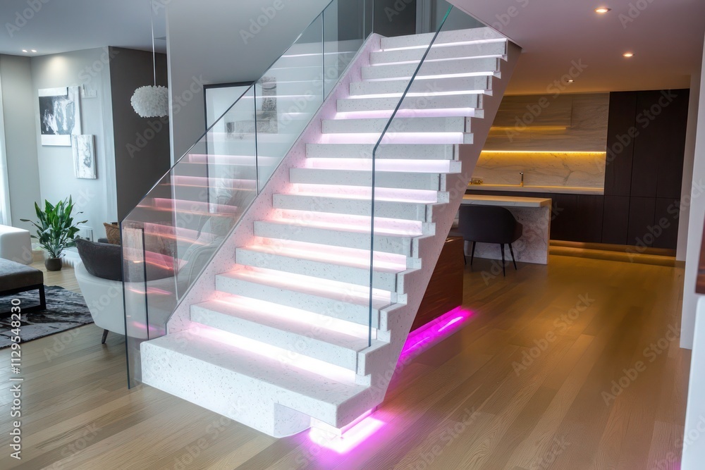 A striking L-shaped staircase with glowing RGB LED lights under white ...