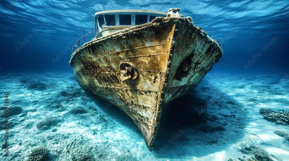 Sunken and decaying fishing boat lying on the seabed creating an ...