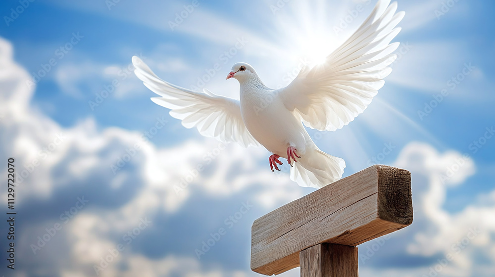 White dove bird symbolizing holy spirit flying near wooden cross in the ...
