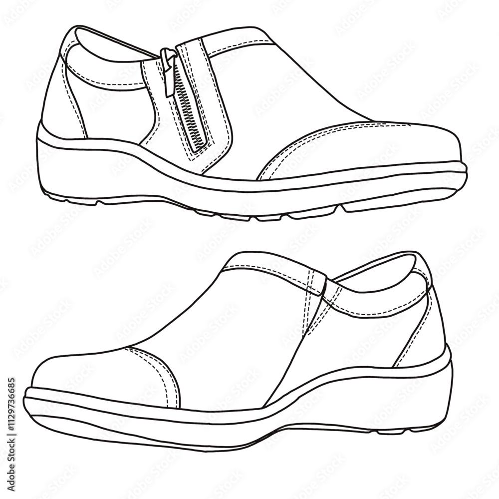 Vettoriale Stock Women's Loafers Slip On with zipper Shoes Line art ...