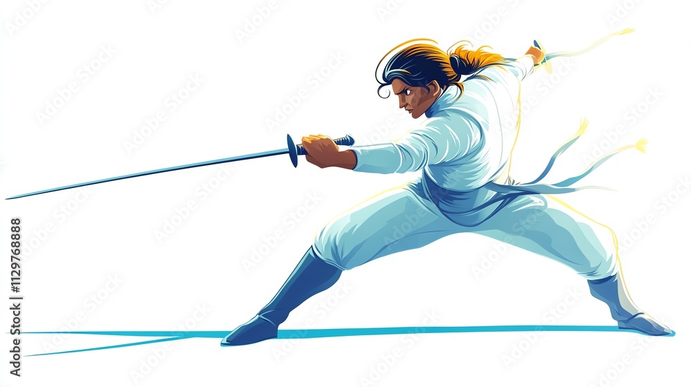 a 2D cartoon illustration of a fencer attacking with a sword, quick and ...