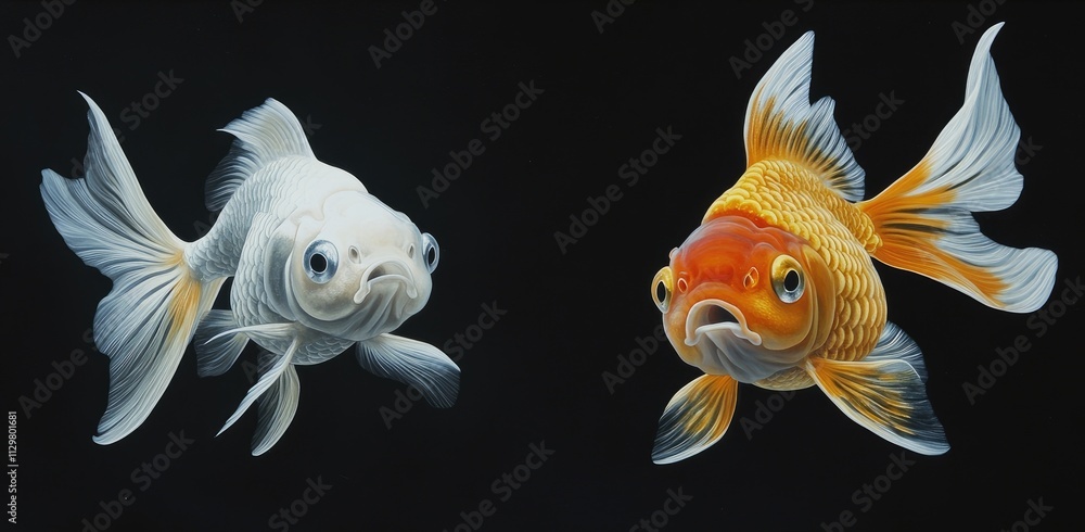 Two goldfish in the water, black background, white and orange fish on ...
