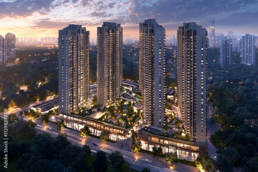 A sleek mixed-use development, modern minimalist design with a ...