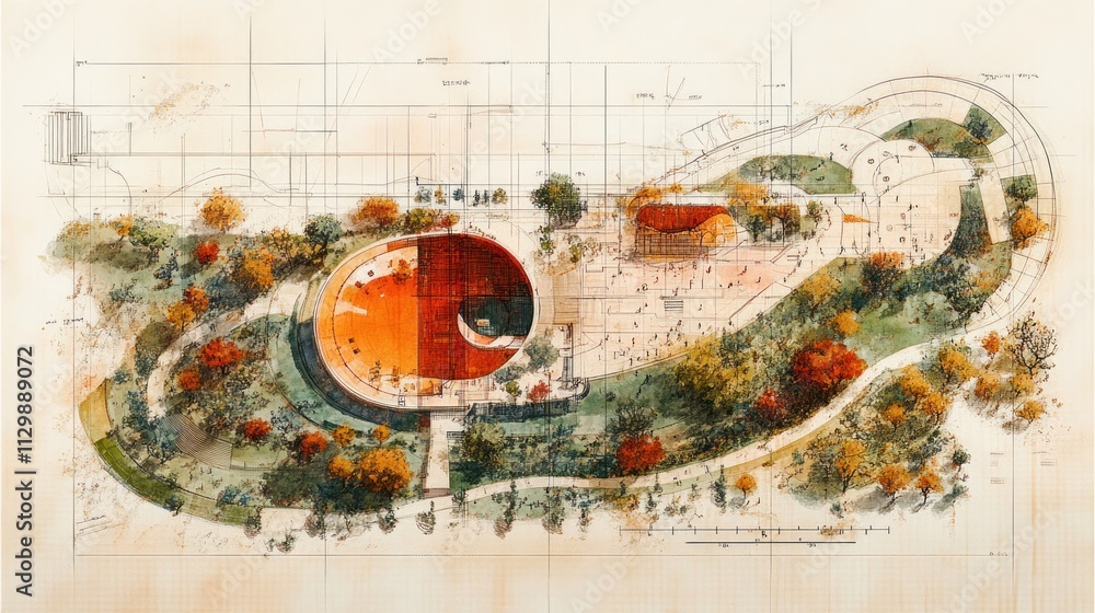 Architectural design of a park with a central amphitheater, detailed ...