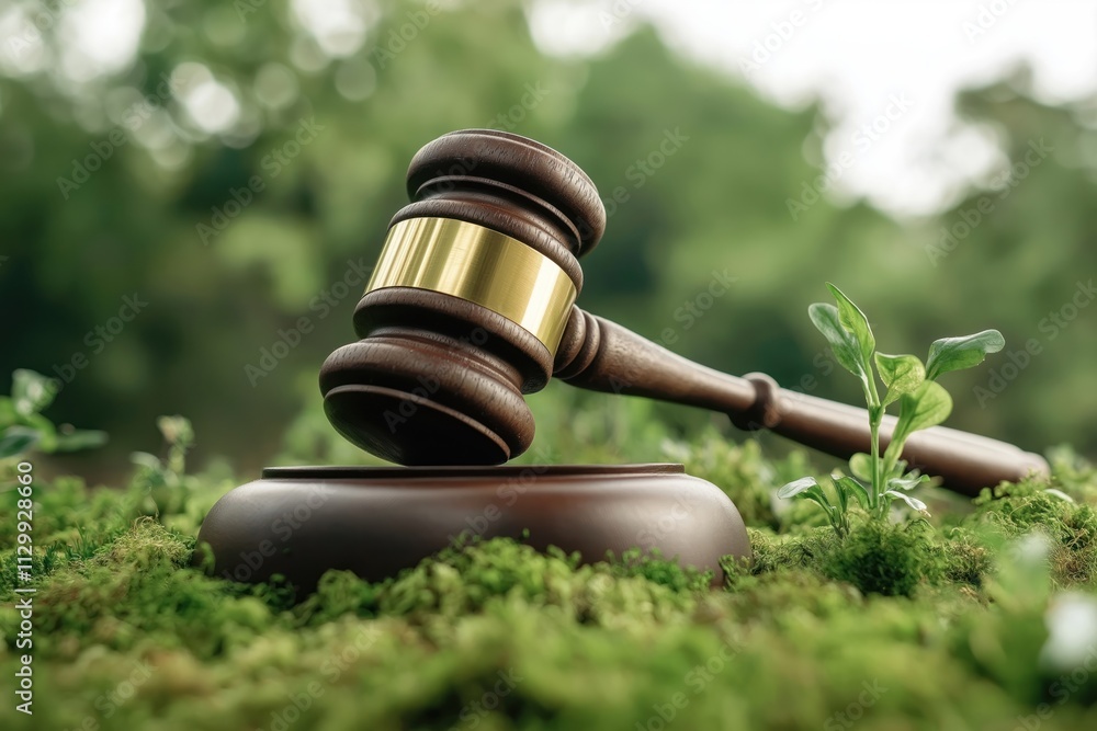 Giant wooden gavel rests on green earth. Eco justice concept symbolized by gavel, nature. Global ...