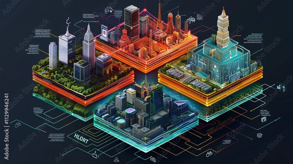 Futuristic isometric city architecture and technology landscape ...