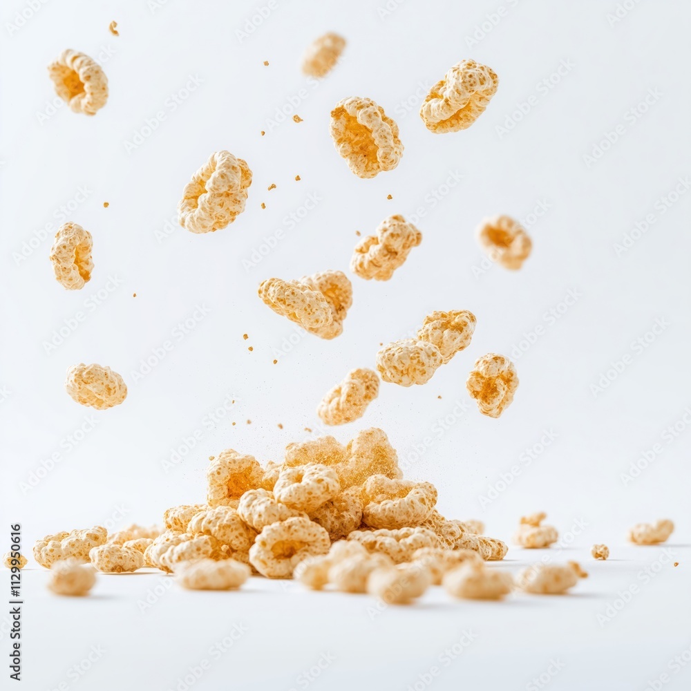 Puffed wheat cereal falls, piles up on white background. Food product ...