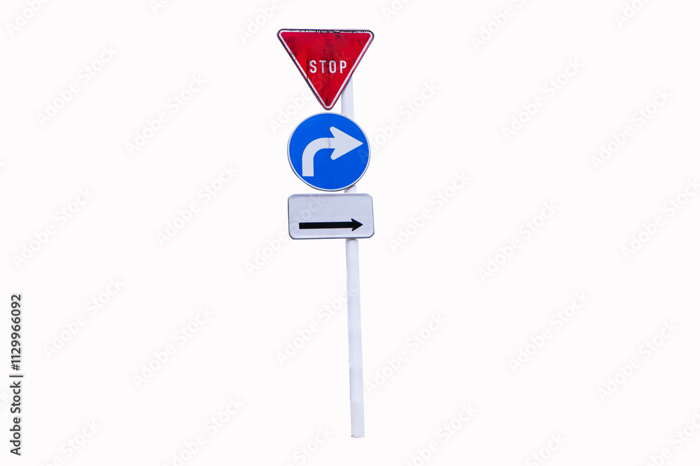 Road sign for Turn left arrow and blue allow pedestrian sign and Stop ...