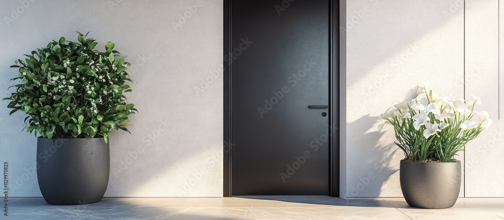 Matte black door with potted lilies on either side, ideal for a modern ...