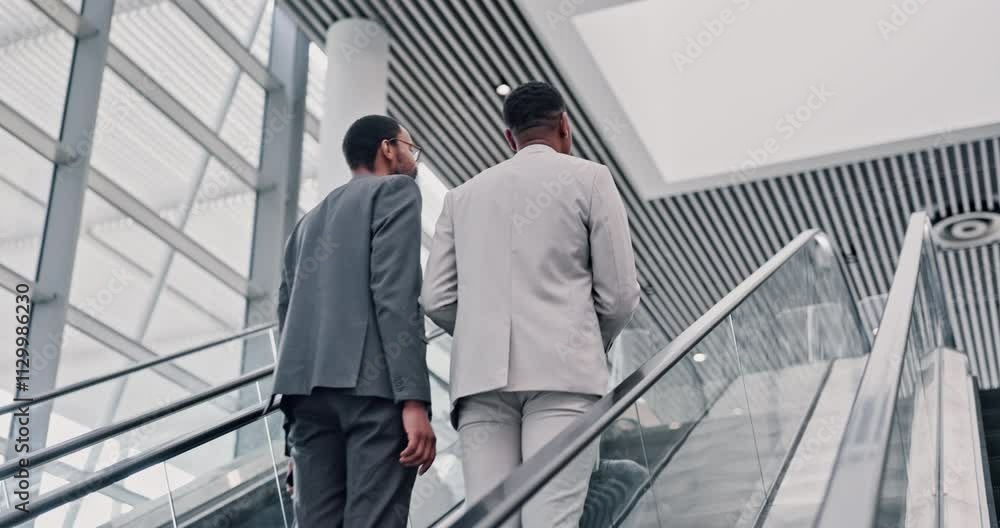Black men, escalator and networking with business people at Conference ...