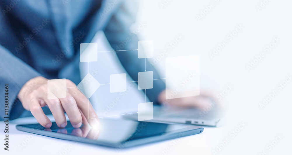 business processes and algorithm diagram flow on a computer laptop. hierarchy scheme, data ...