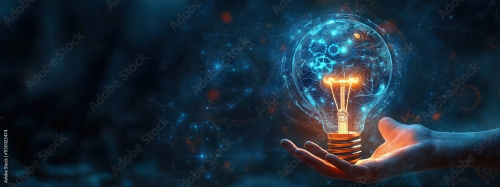 Photo & Art Print Inspiring Light Bulb Filled with Gears and Digital ...