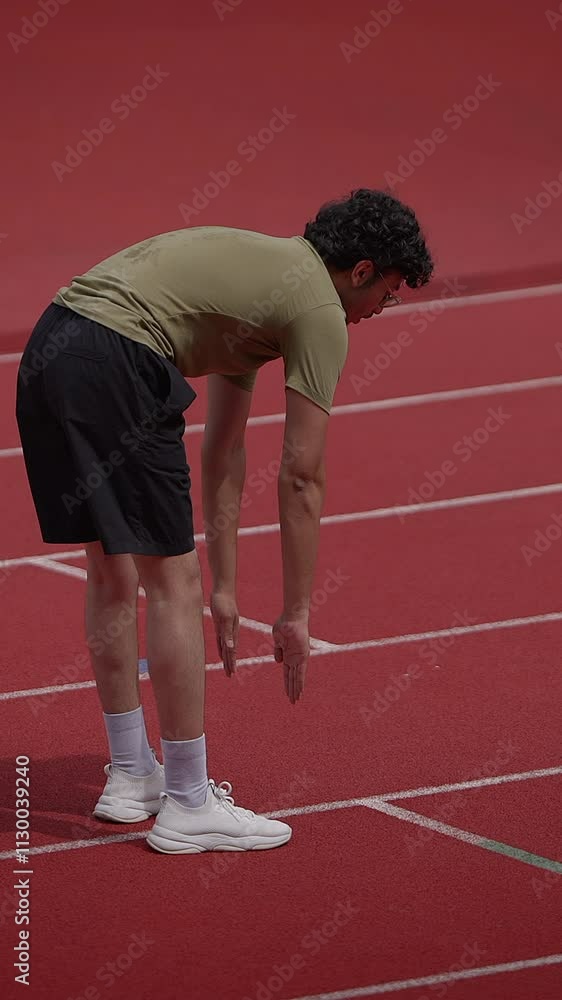 An Athlete Actively Engaging in Stretching Exercises at a Vibrant Track ...
