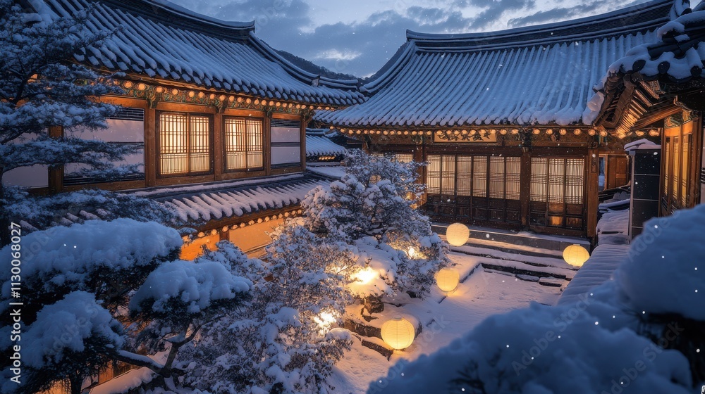 An enchanting winter night view of a Korean hanok courtyard covered in ...