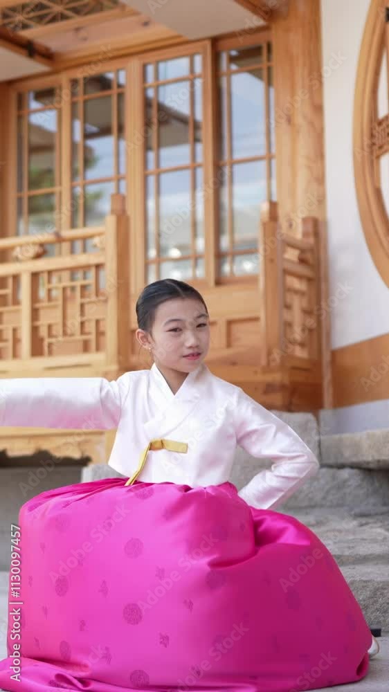 A 9-year-old Korean girl happily dances a traditional Korean dance in ...