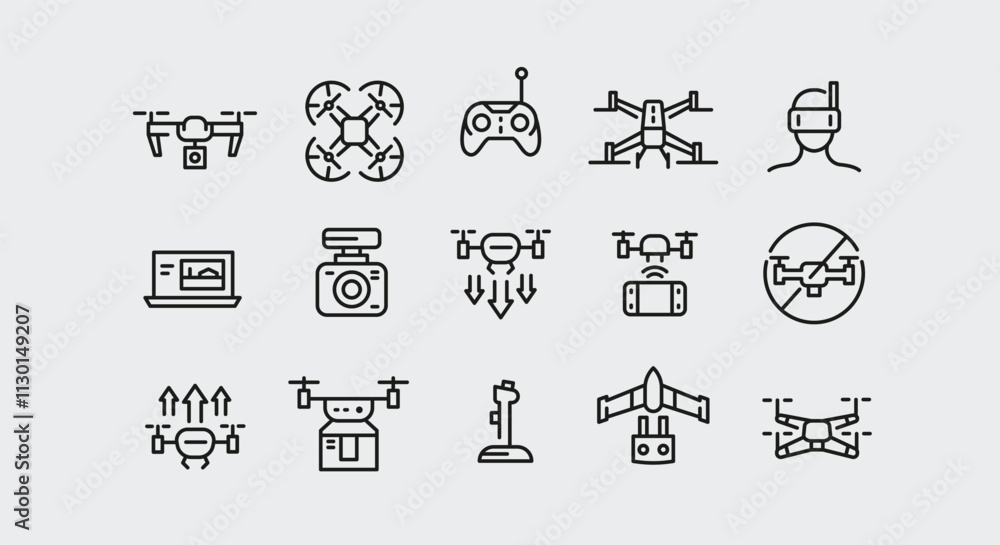 Drone icons. Set of 15 drone trendy minimal icons. Example: Quadcopter ...