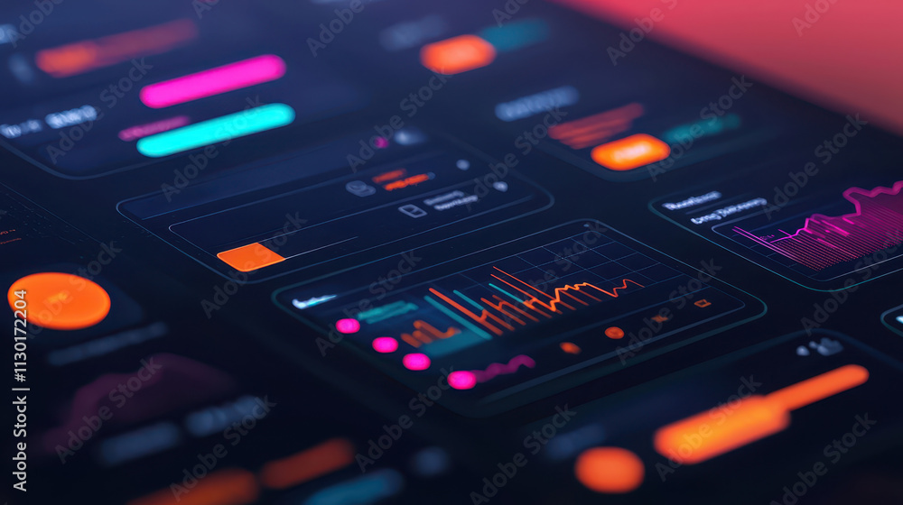 Sleek finance app UI design featuring glowing interface elements, vibrant graphs, and ...