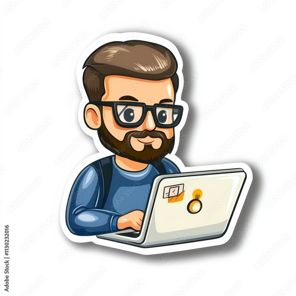 Tech Savvy Guy: A cartoon illustration of a bearded man with glasses, focused on his laptop ...