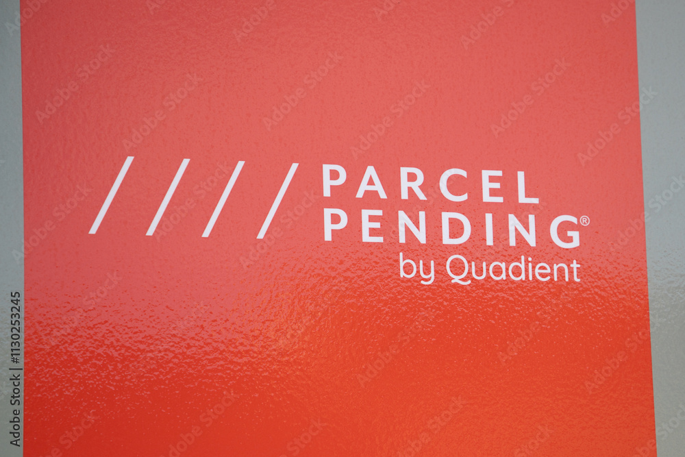 parcel pending by quadient sign text and brand logo hub locker delivery ...