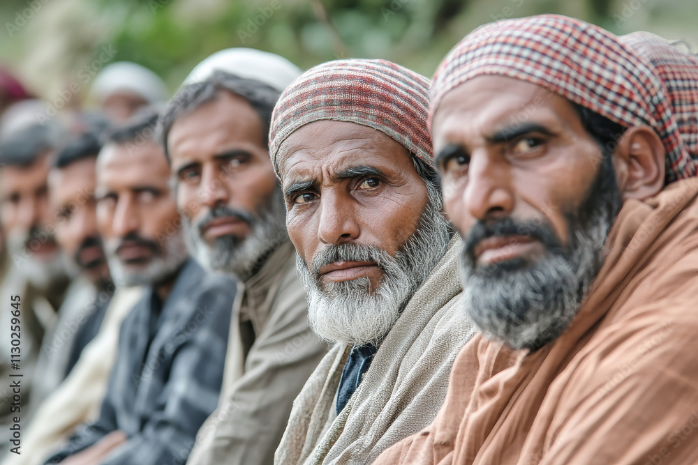 Gathering of Muslim men in a rural village highlighting community ties ...