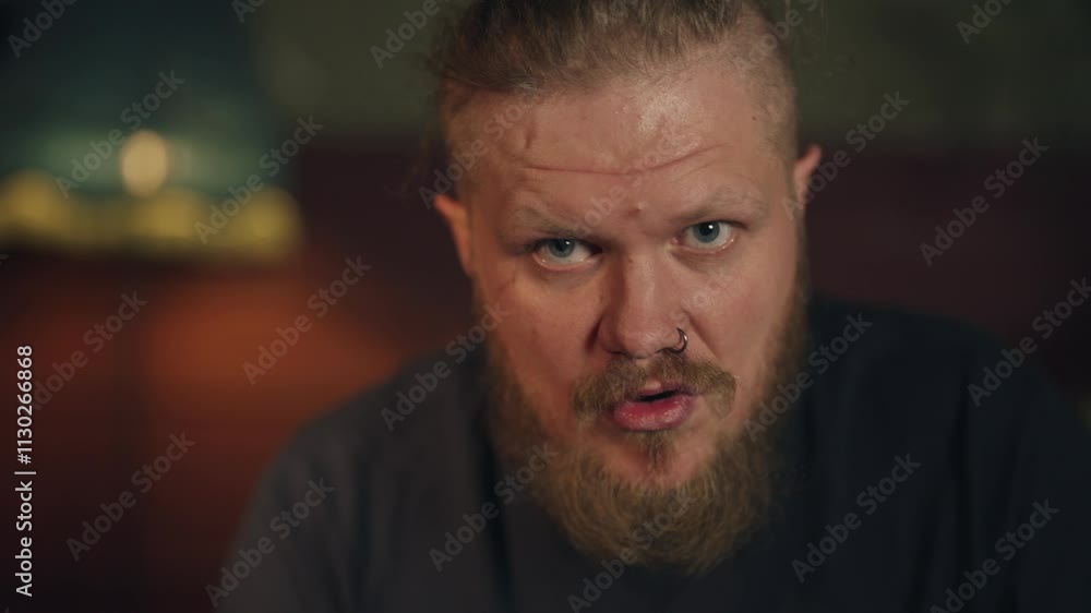 Upset and angry man talking with TV, looking at camera, frontal ...