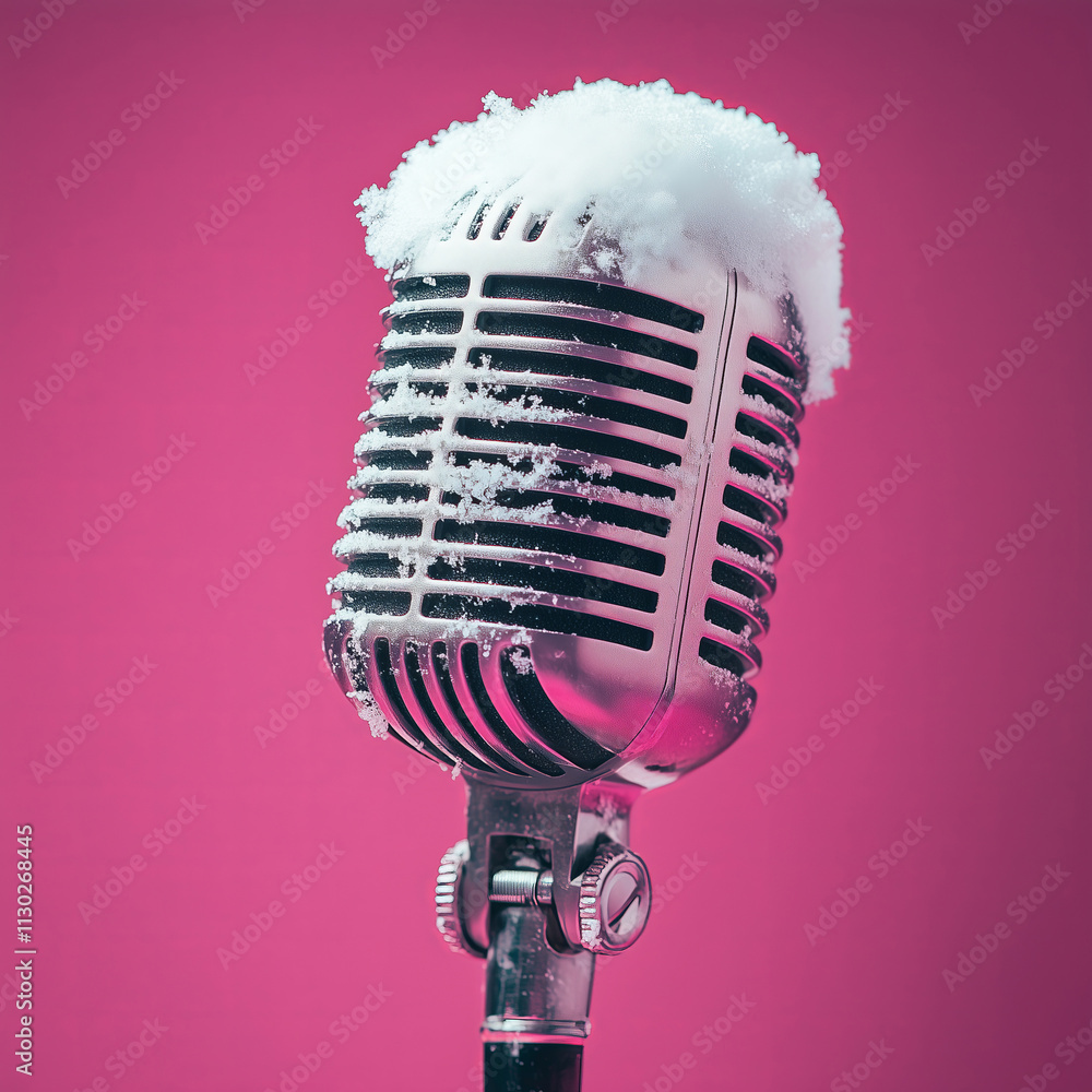 vintage-style chrome microphone dusted with snow against a bold pink ...